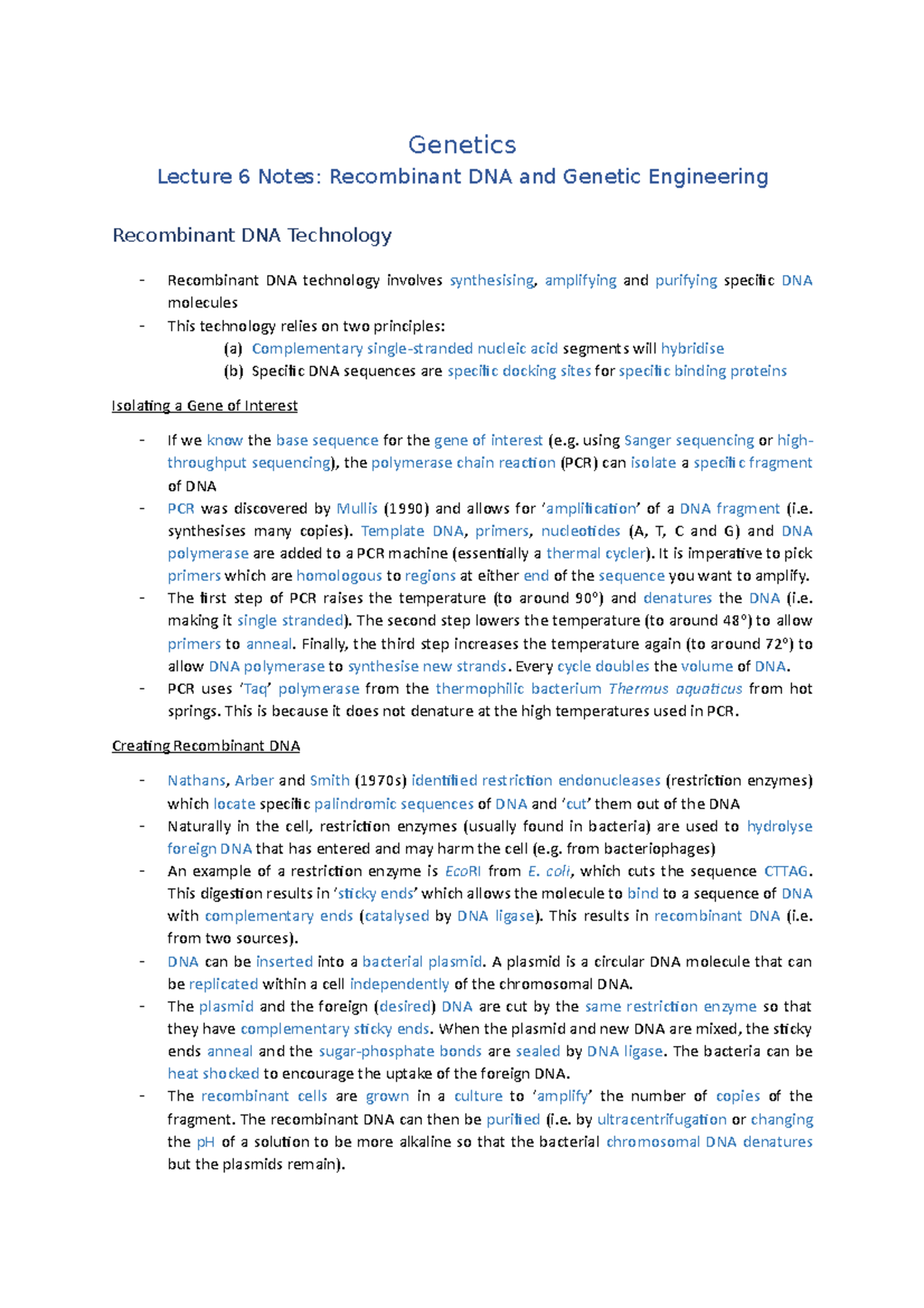 Lecture 6 Notes Recombinant Dna And Genetic Engineering Genetics Lecture 6 Notes