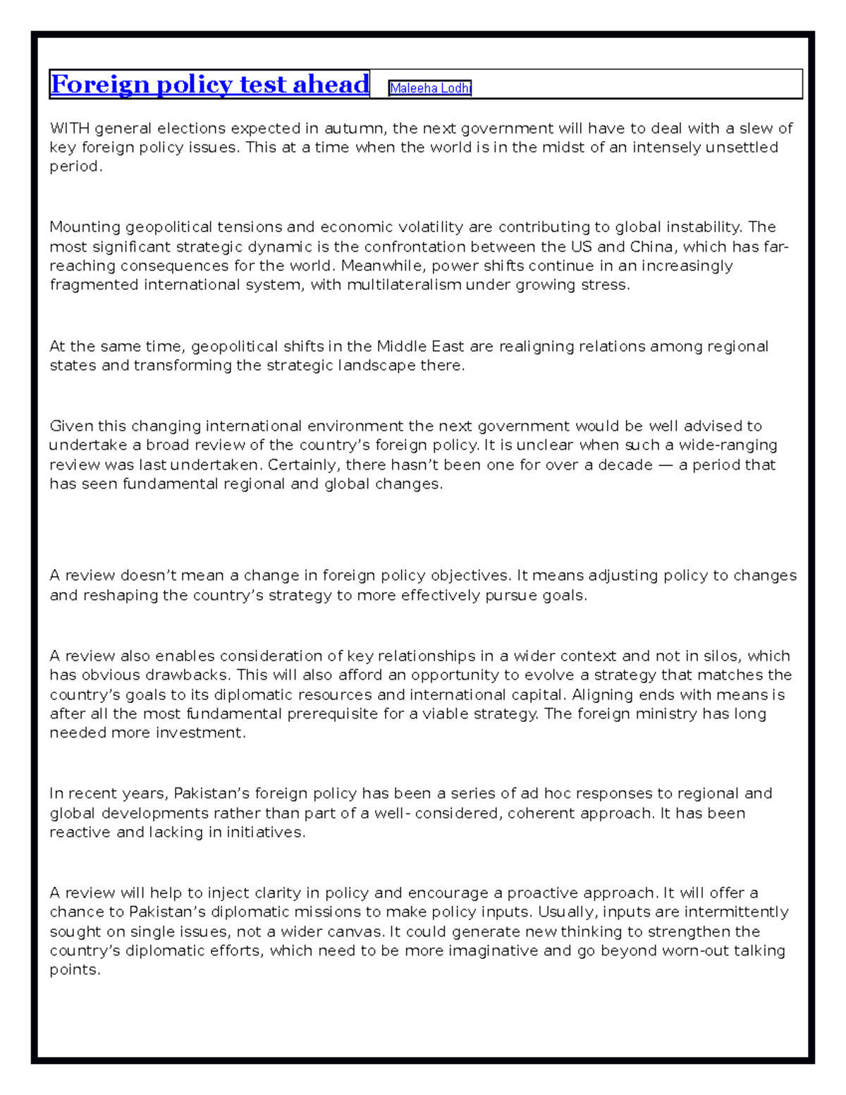 Dawn articles 17-07-2023 - Foreign policy test ahead Maleeha Lodhi WITH ...