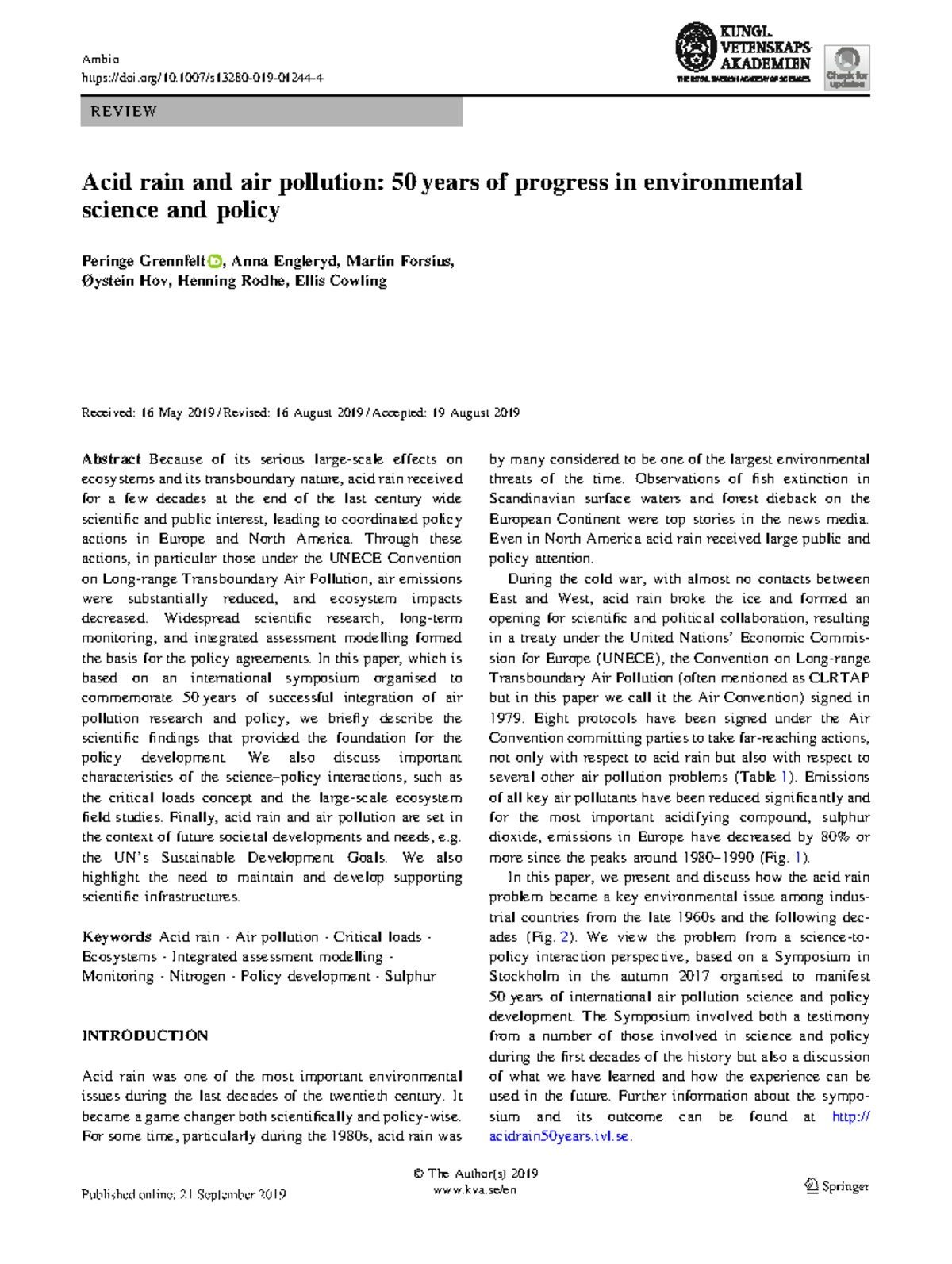 Acid rain and air pollution 50 years of progress i - Through these ...