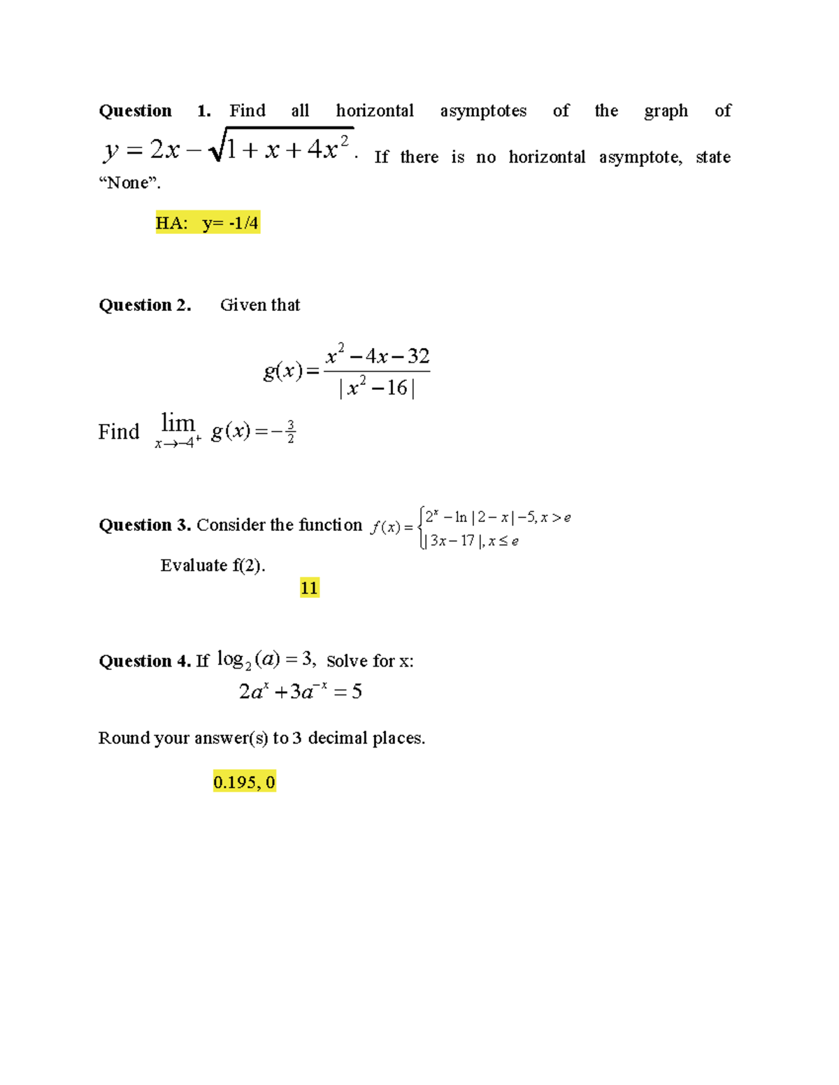 Practice Questons (Test 1) Solutions - Question 1. Find all horizontal ...