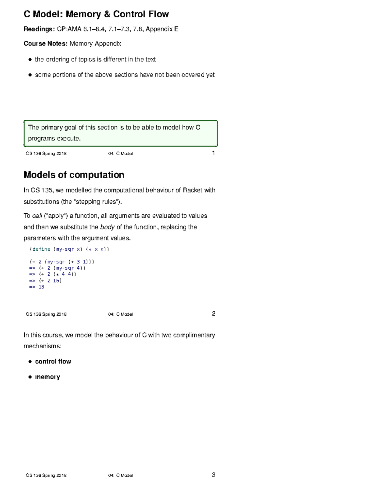 Cs 6 Lecture Notes C Model Memory And Control Flow Readings Cpama 66 77 7 Appendix E