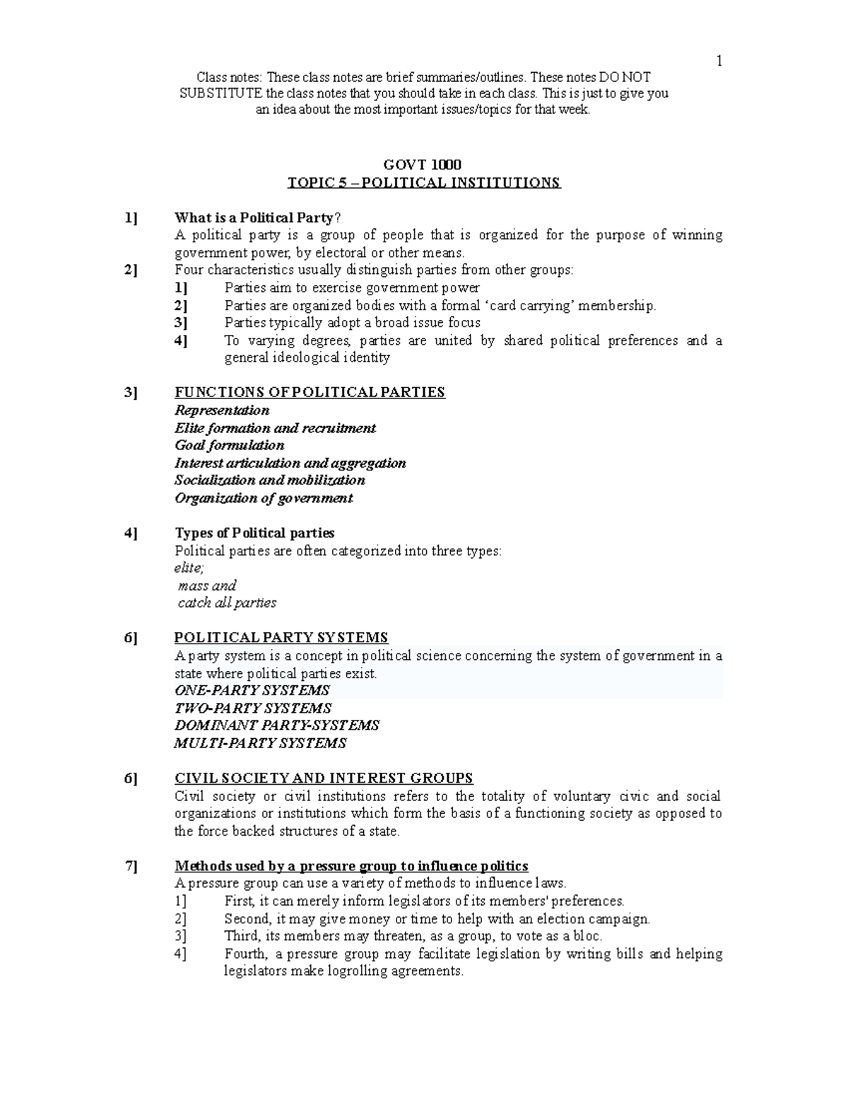 Political Institutions - Class notes: These class notes are brief ...