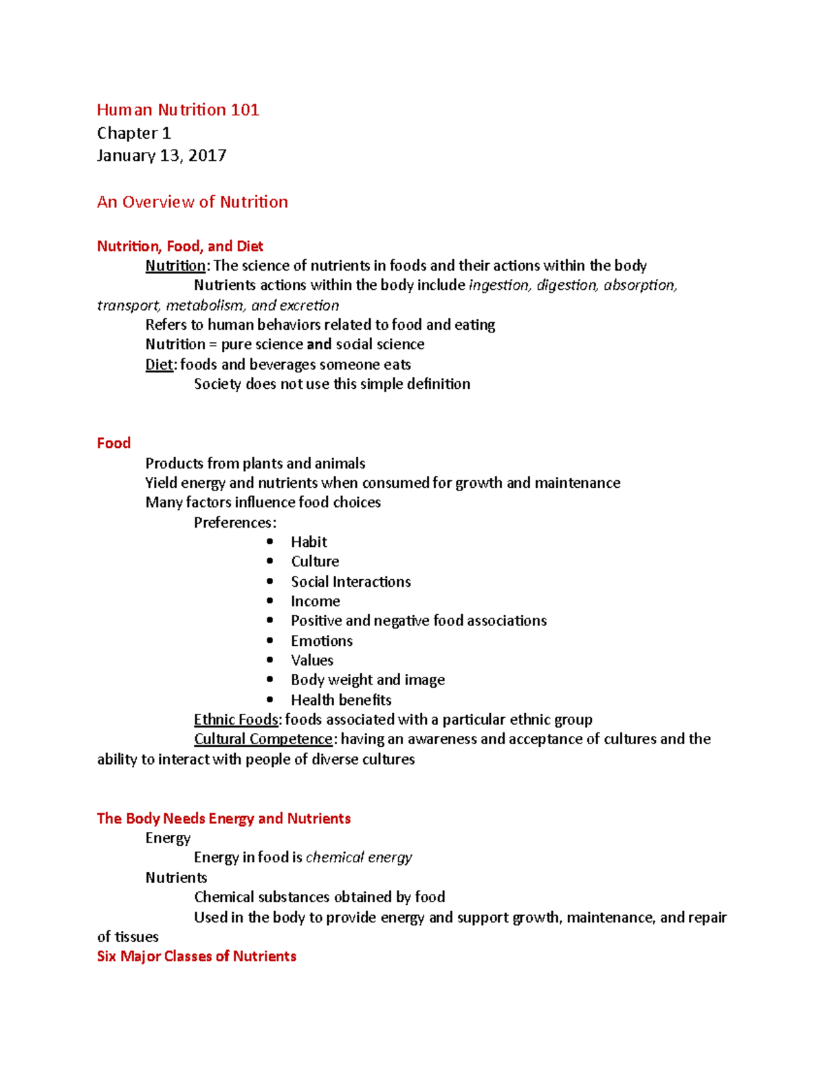 NHM Chapter 1 - Lecture notes 1 - Human Nutrition 101 Chapter 1 January ...