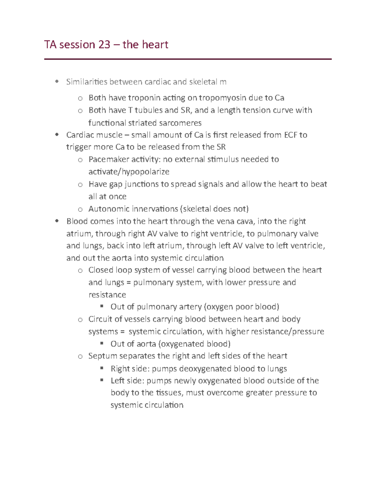 TA session 23 heart - TA session 23 – the heart Similarities between ...
