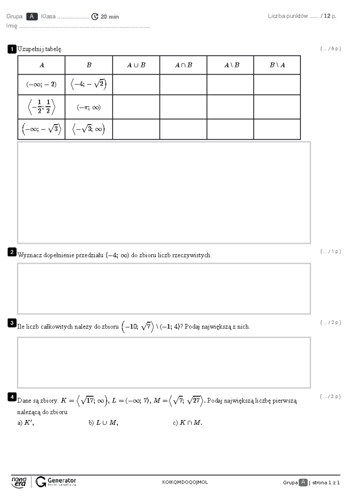 Działania na przedziałach - kartkówka kl. IPP Test (z widoczną ...