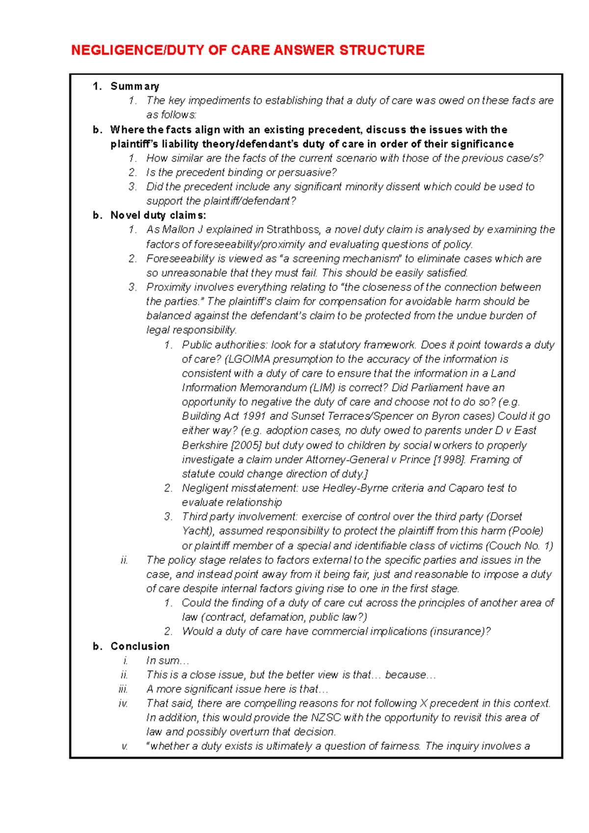Torts Bible - Second Trimester - NEGLIGENCE/DUTY OF CARE ANSWER ...