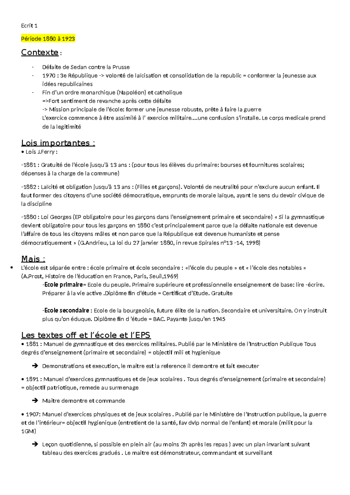 Ecrit 1 essait - Ecrit 1 Période 1880 à 1923 Contexte : - Défaite de ...