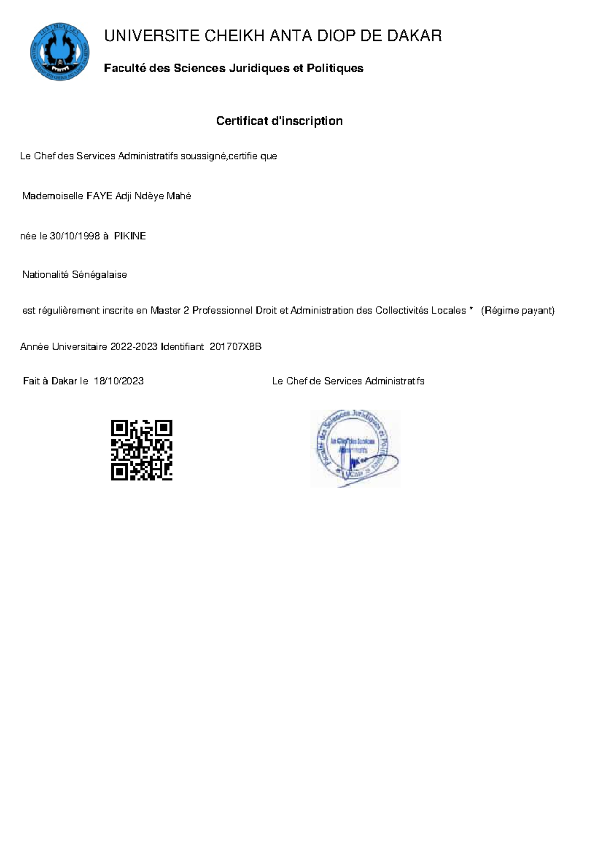 Certificat.2 d’inscription - Le Chef des Services Administratifs soussigné,certifie que ...