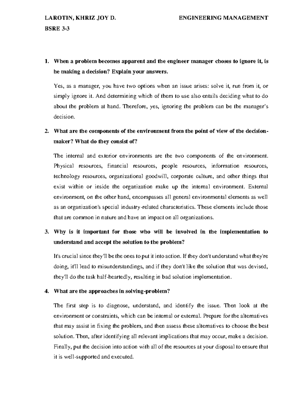 Assignment 1 Engineering Management POLYTECHNIC UNIVERSITY OF THE ...