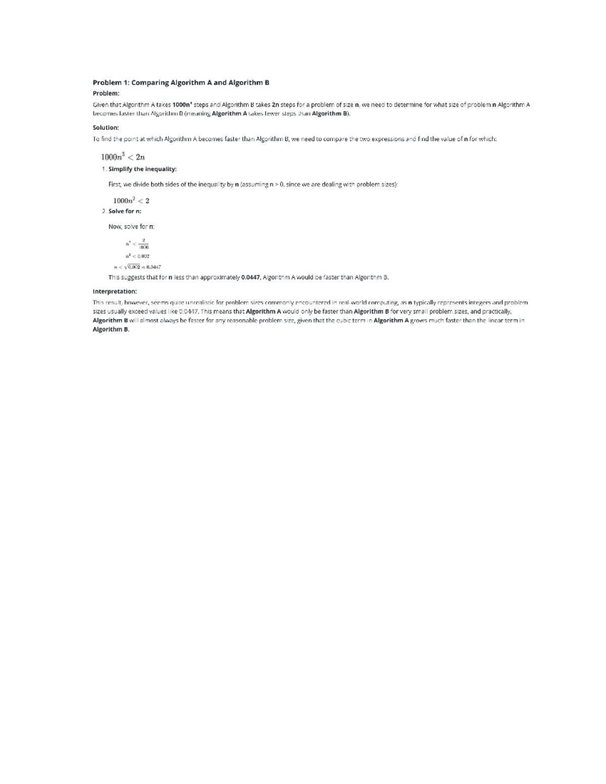 Cs 3303 Discussion Assignment Unit 2 Problem 1 Comparing Algorithm A And Algorithm B Problem