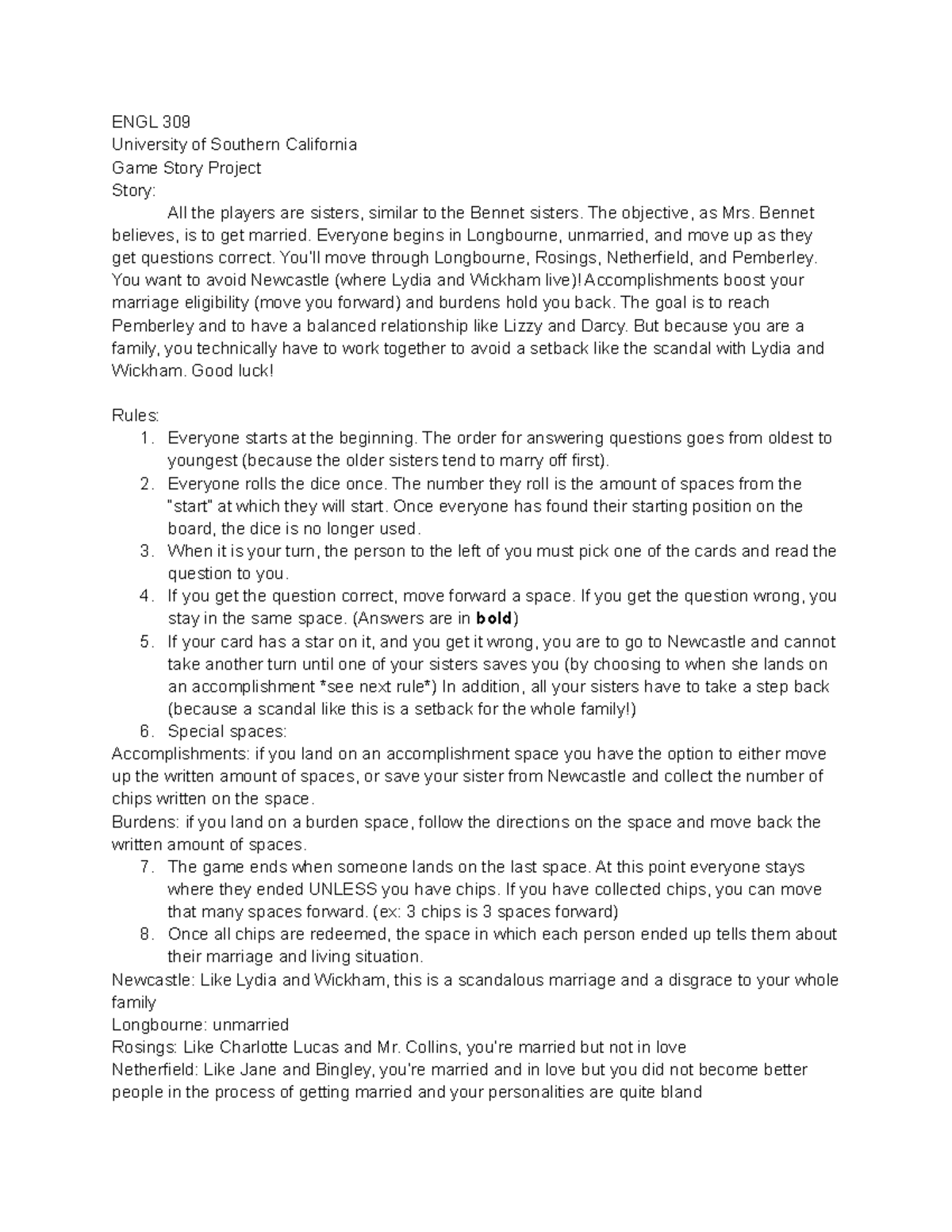 English Game - ENGL 309 University of Southern California Game Story ...