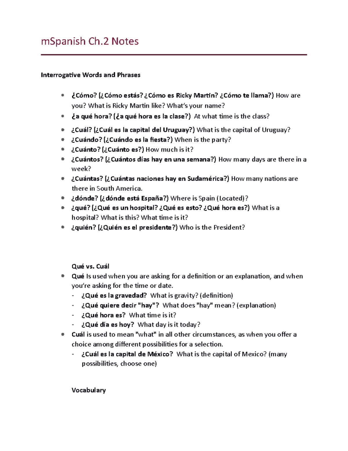 Spanish Notes Ch. 2 - mSpanish Ch Notes Interrogative Words and Phrases ...