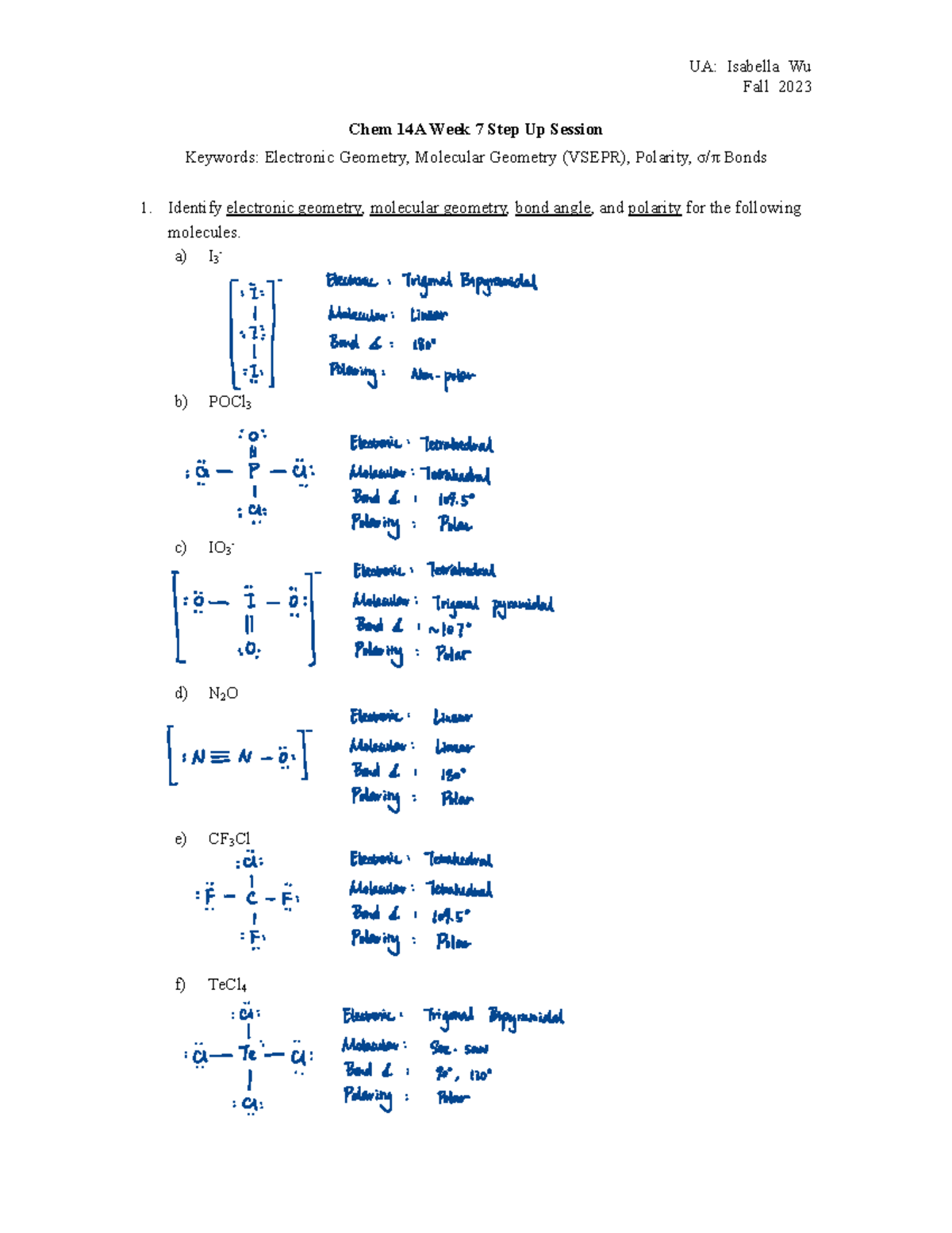 [Answer] Chem 14A F23 Week 7 Step Up - Isabella - ####### UA: Isabella ...