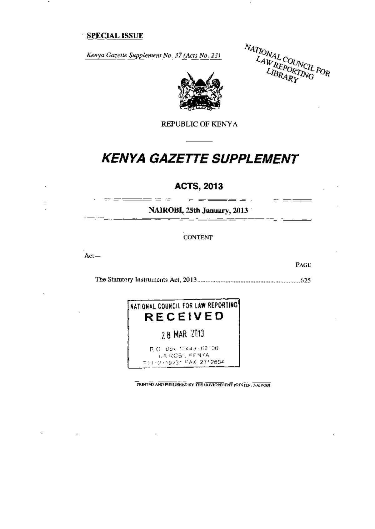 Statutory Instruments Act No23of2013 - SPECIAL ISSUE Kenya Gazette ...