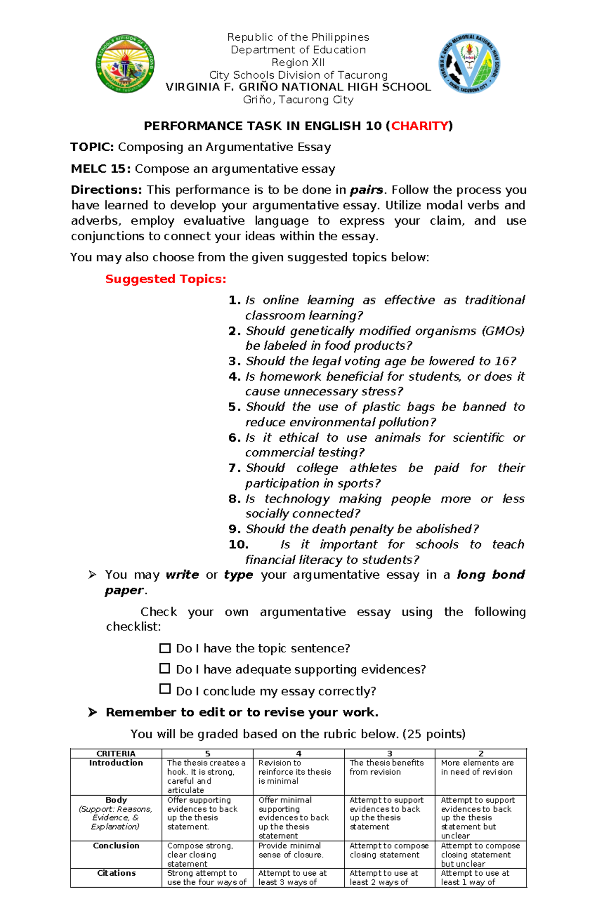Grade 10 - Performance TASK - Charity - Republic of the Philippines ...
