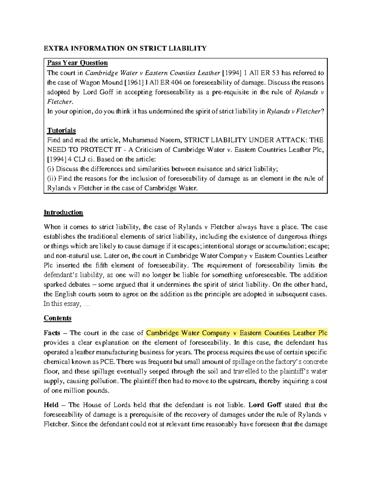 Torts Law 2 Strict Liability Extra Information - EXTRA INFORMATION ON ...