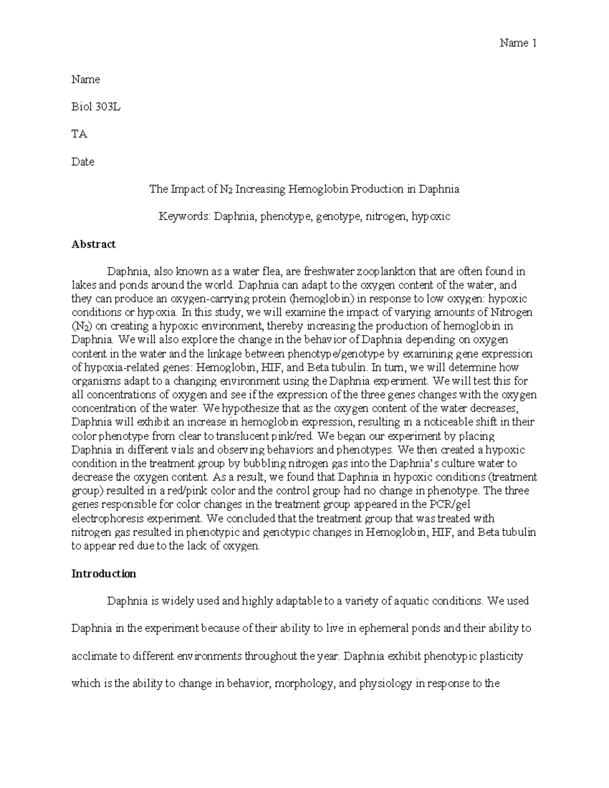Daphnia Lab Report - Name Biol 303L TA Date The Impact of N 2 ...