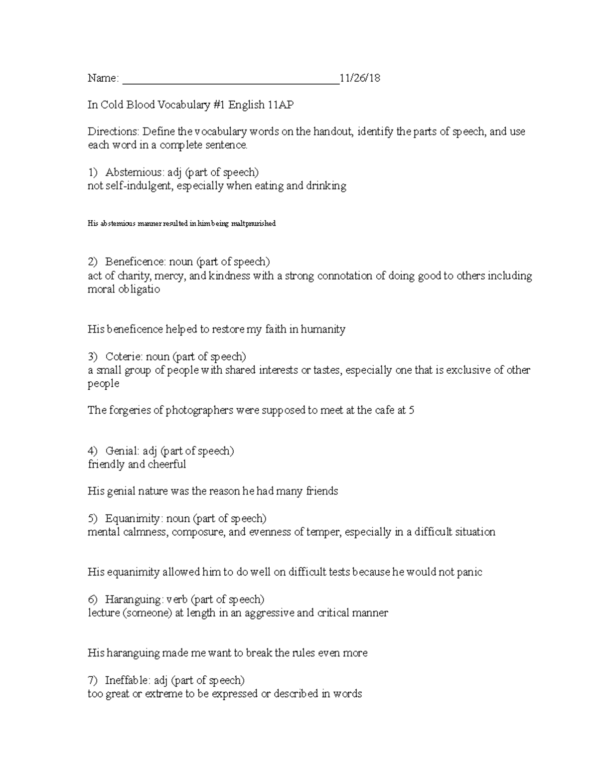 In Cold Blood Vocab HW 1 - chemistry - Name ...
