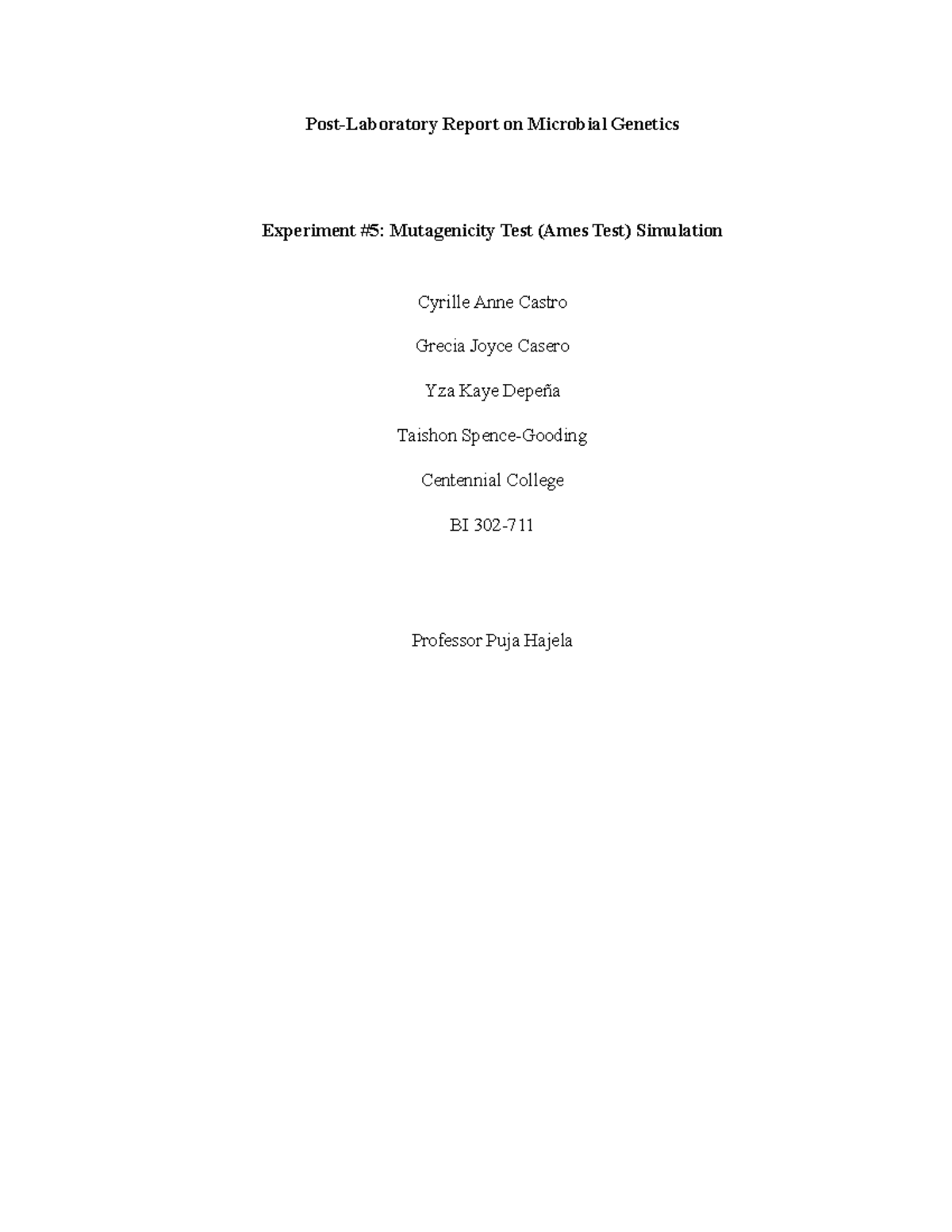 Genetics Castro Casero Depeña Gooding - Post-Laboratory Report on Microbial Genetics Experiment ...