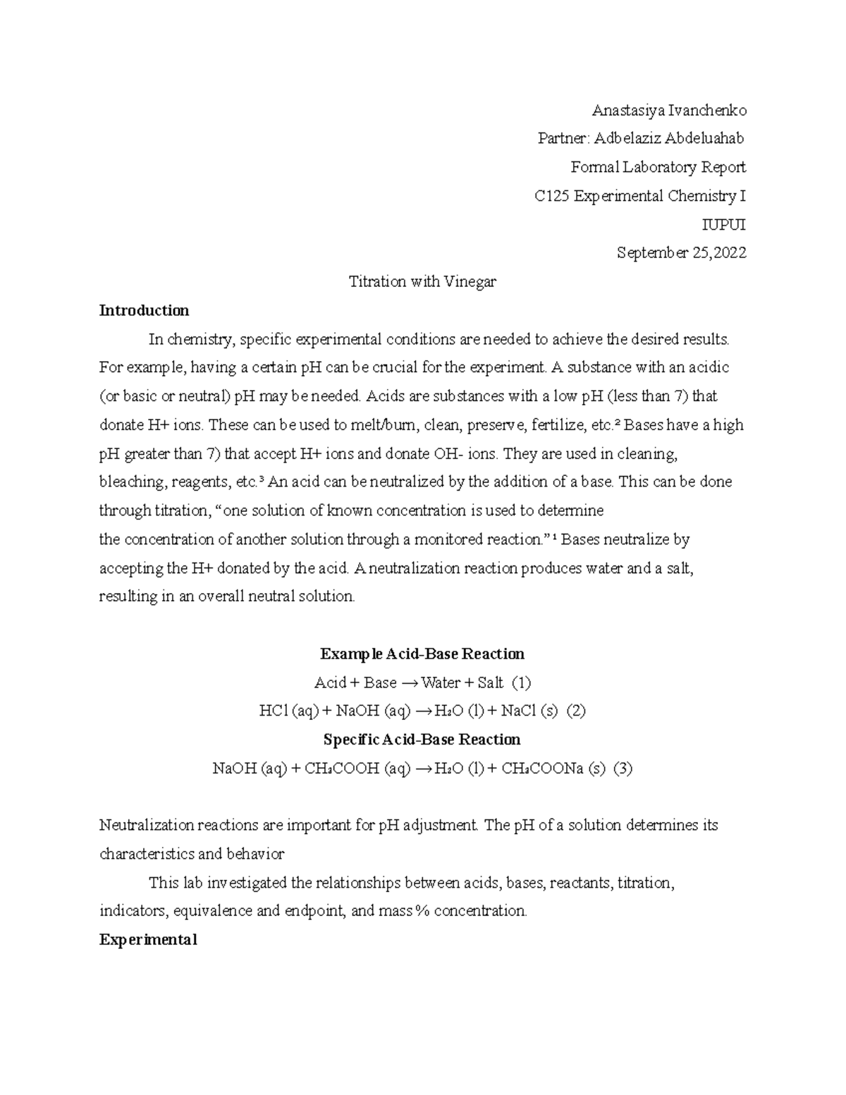 Chem Lab Report - Anastasiya Ivanchenko Partner: Adbelaziz Abdeluahab ...