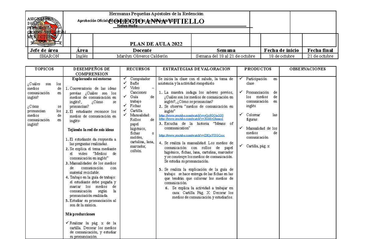 PLAN DE AULA Prejardín Octubre [OK] - Jefe de área Área Docente Semana Fecha de inicio Fecha ...