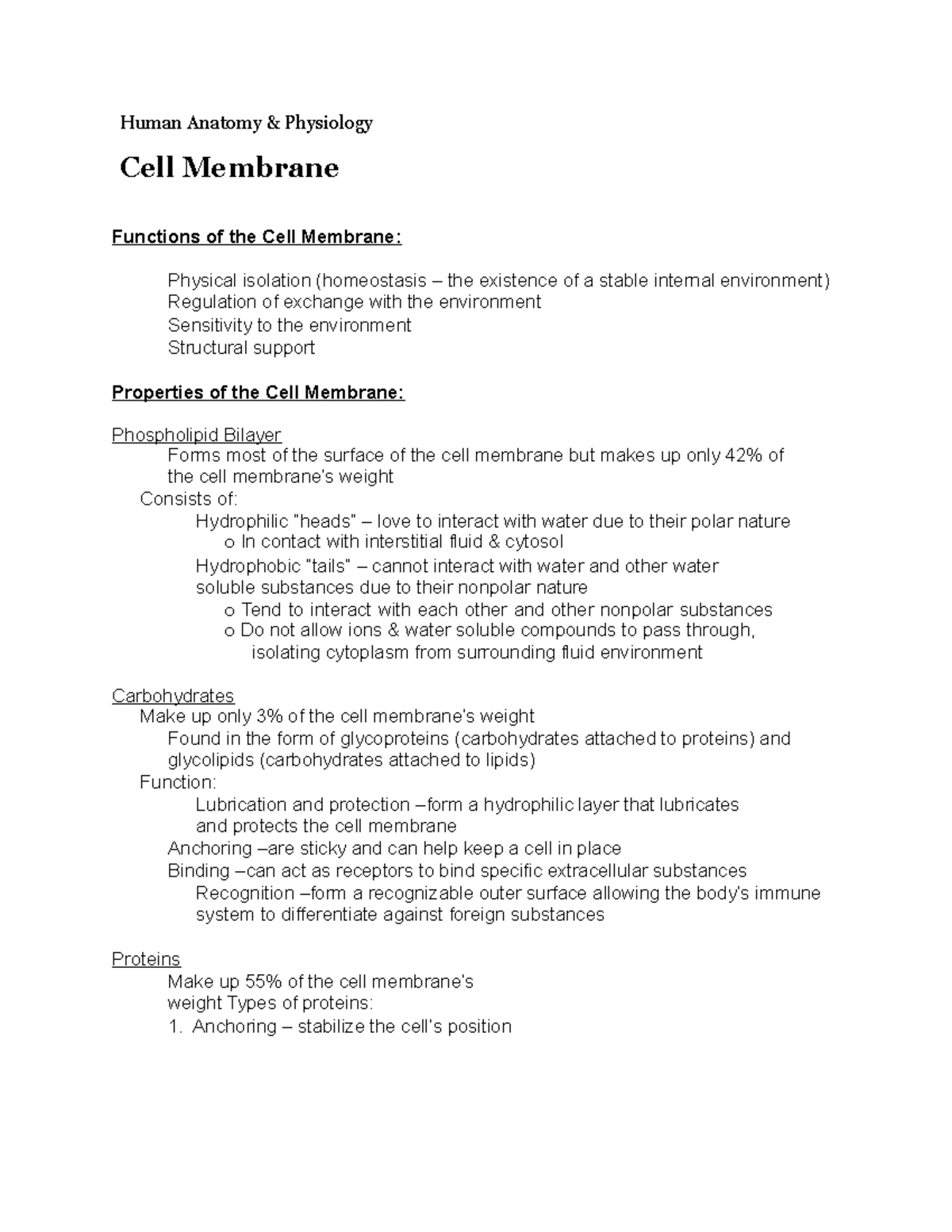 Cell Membrane - These are lecture notes for Human Anatomy And ...