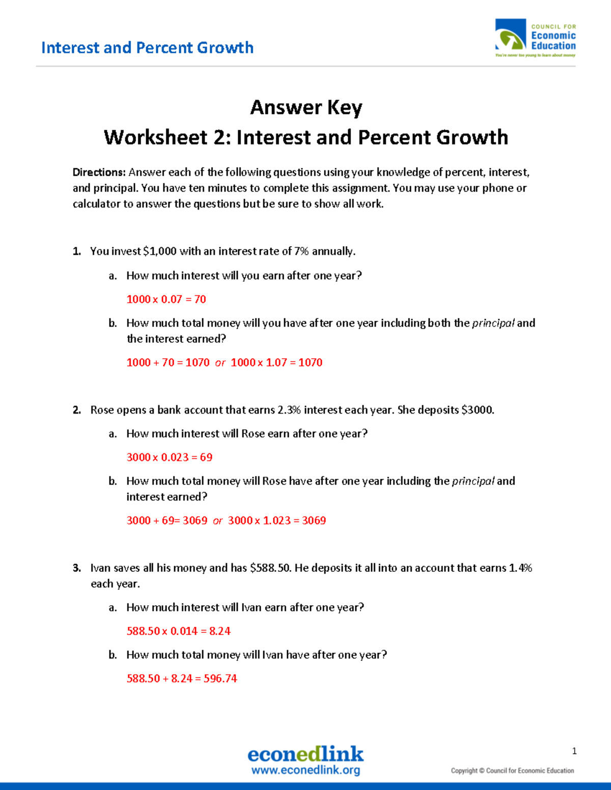 Interest & Growth Worksheet 2 Answer Key - Interest and Percent Growth ...