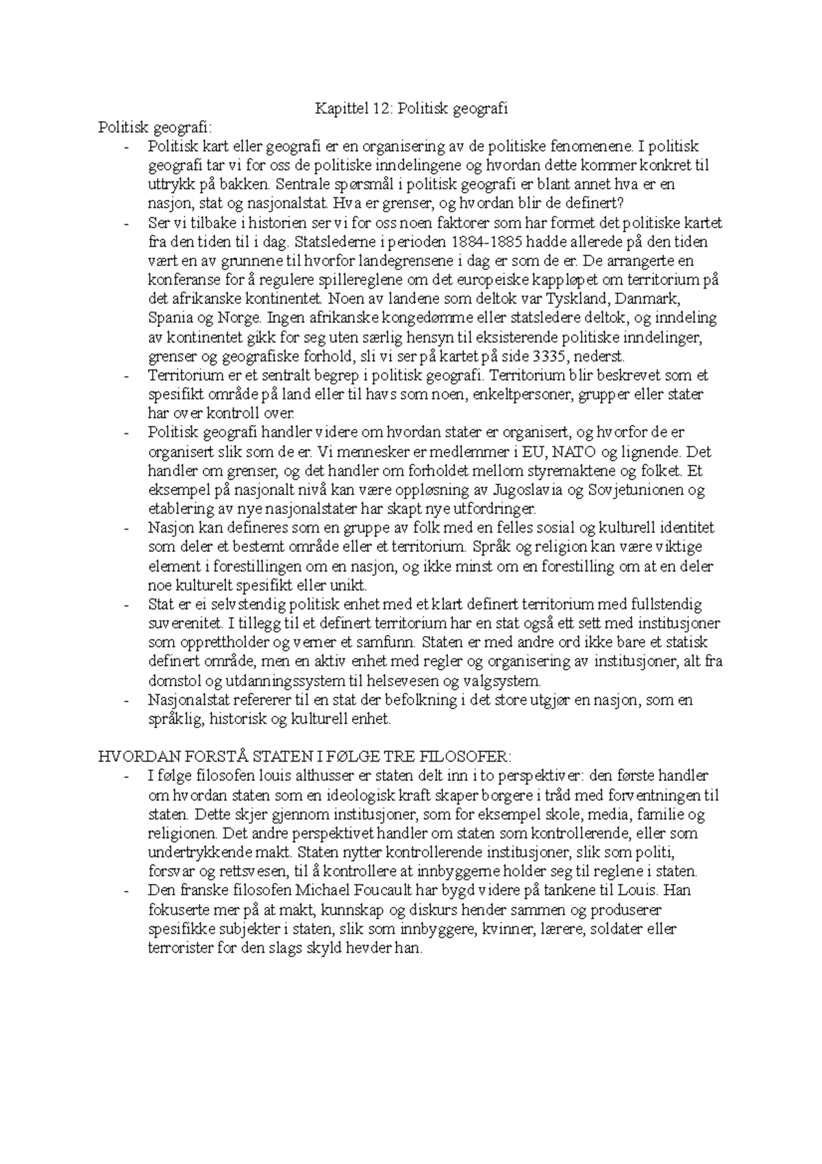 Kapittel 12 - notater - Kapittel 12: Politisk geografi Politisk geografi: Politisk kart eller ...
