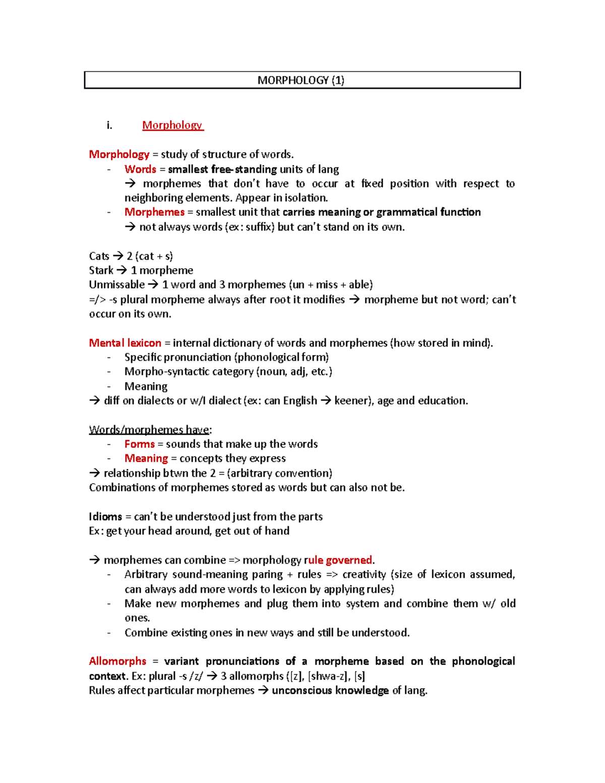 8 - morphology - Lecture notes 8 - MORPHOLOGY (1) i. Morphology ...