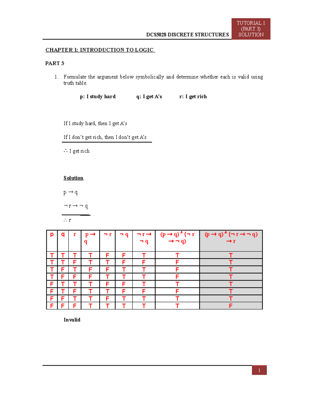 Tutorial 1 (Part 3) sol - Question and Solution - DCS5028 DISCRETE ... Tutorial 1 (Part 3) sol - Question and Solution - DCS5028 DISCRETE ...