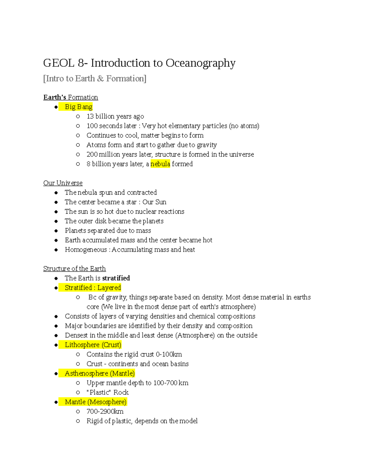 2020-Intro to Oceanography-Intro to Earth Formation lecture notes week1 ...