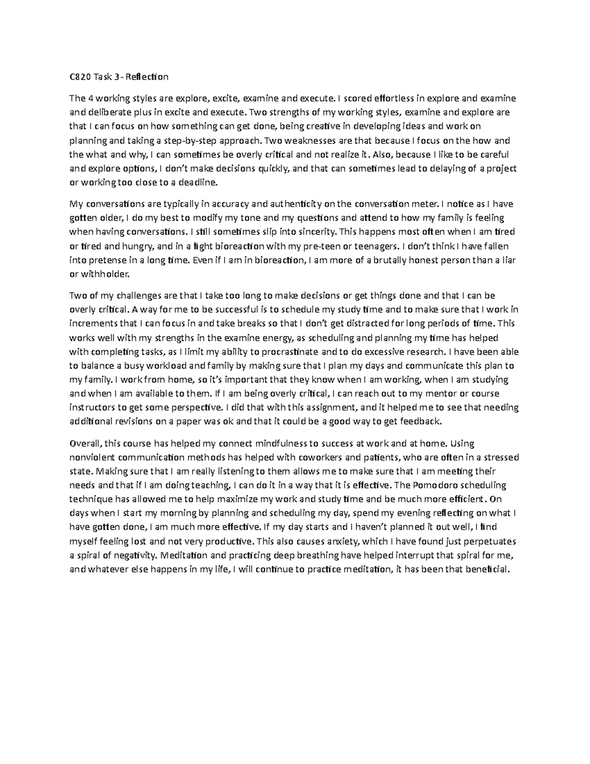 C820 Task 3 - task 3 - C820 Task 3- Reflection The 4 working styles are ...