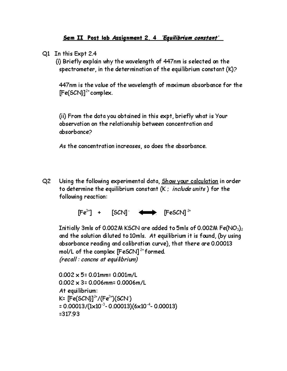 Sem II Post lab 2.4 Spectro determn of K - Sem II Post lab Assignment 2 ...