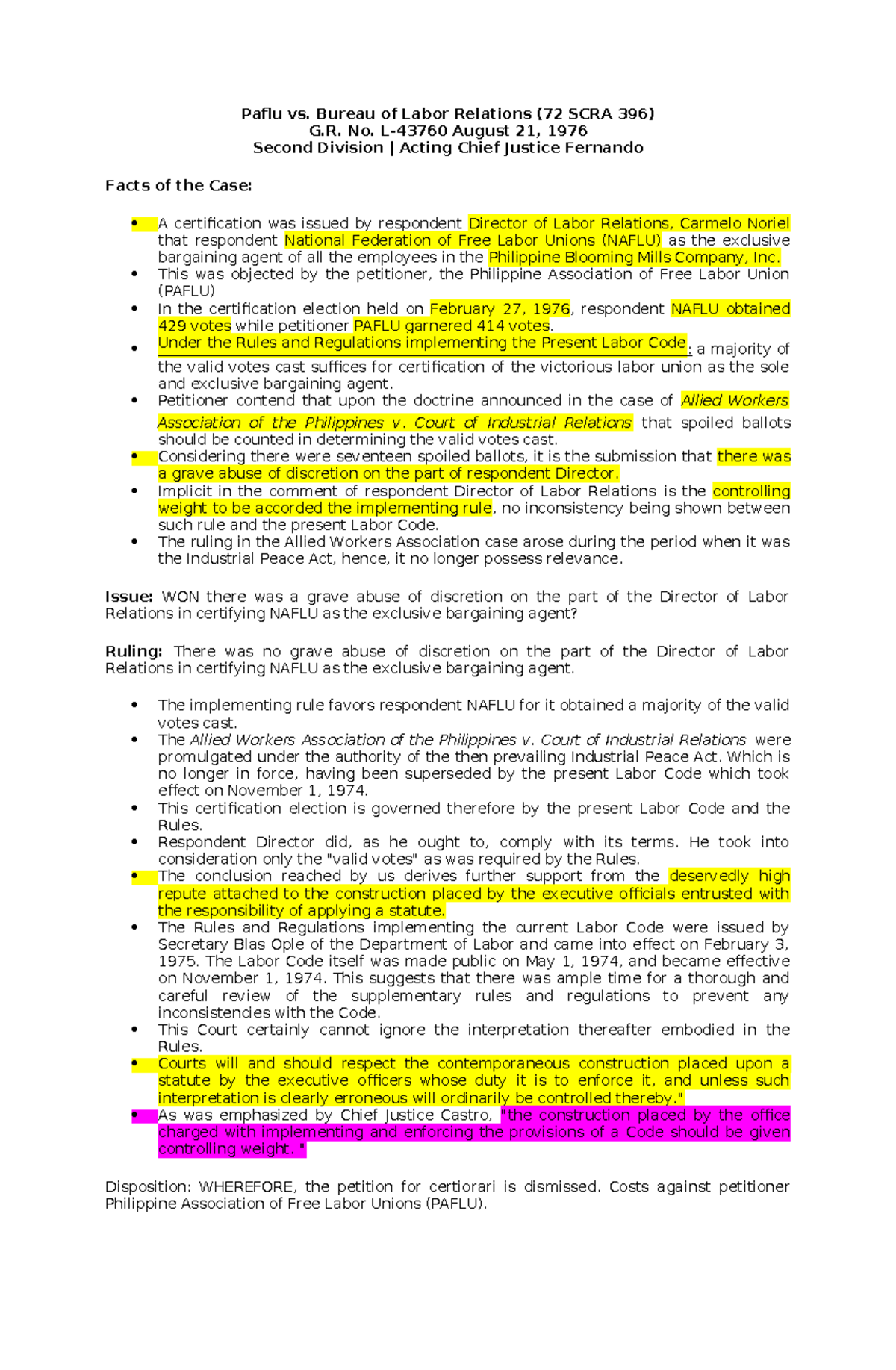 Statcon Third Week Cases - Paflu vs. Bureau of Labor Relations (72 SCRA ...