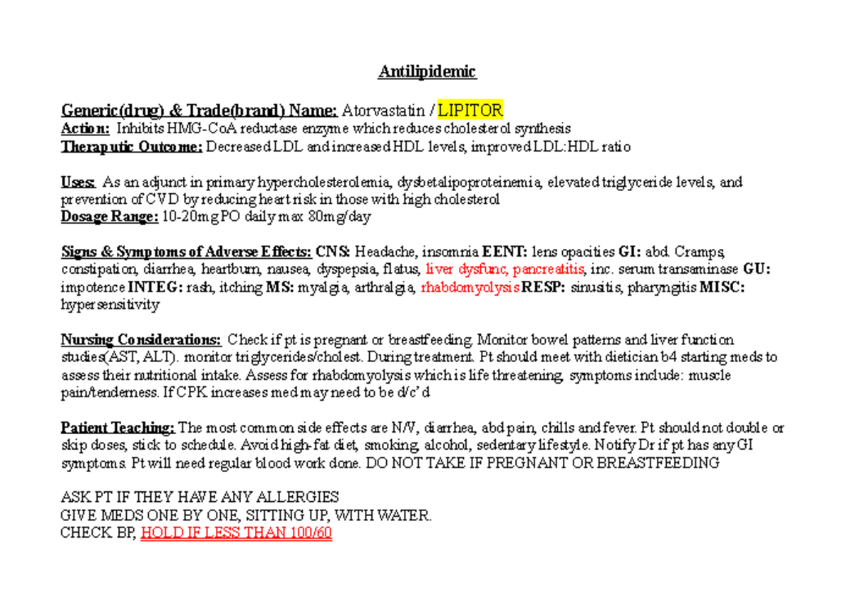 Lipitor drug info - Antilipidemic Generic(drug) & Trade(brand) Name ...
