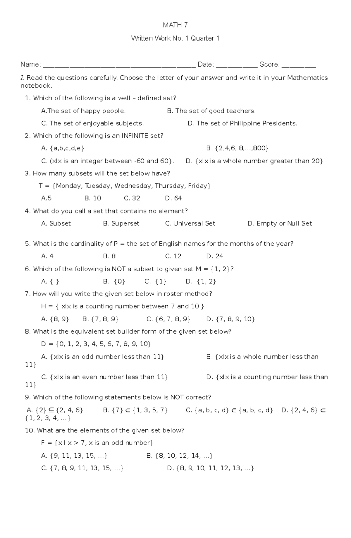 ST MATH 7 NO - for academic use only - MATH 7 Written Work No. 1 ...