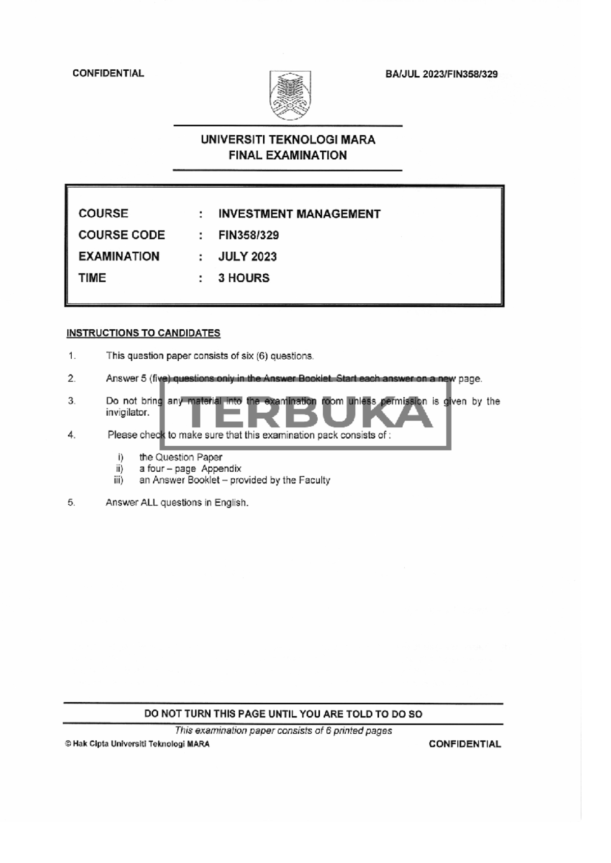 FIN358 2023 (July) - PSQ - CONFIDENTIAL UNIVERSITI TEKNOLOGI MARA FINAL ...