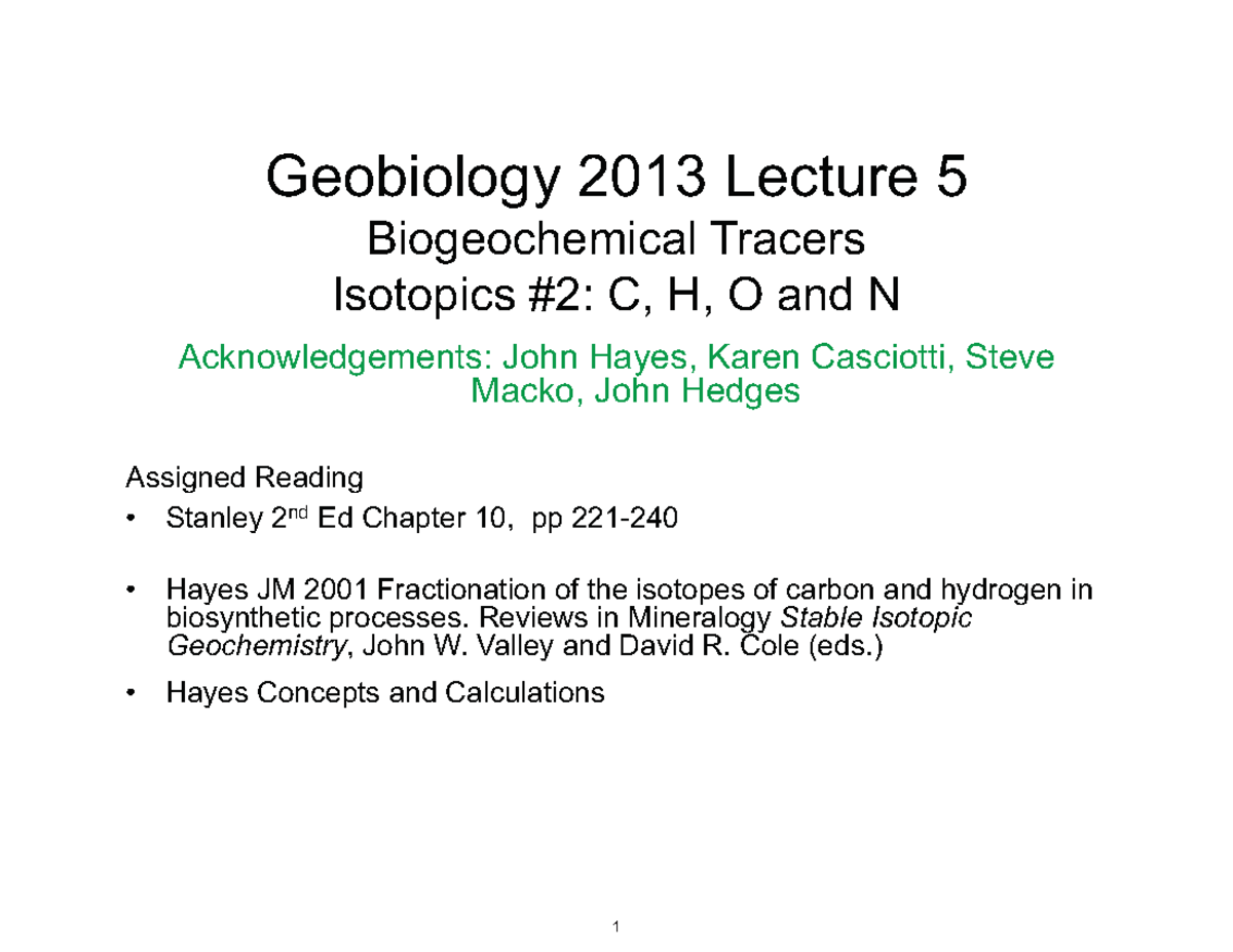 Lecture notes, lectures 5 - 6 - Spring 2013 - Geobiology 2013 Lecture 5 ...