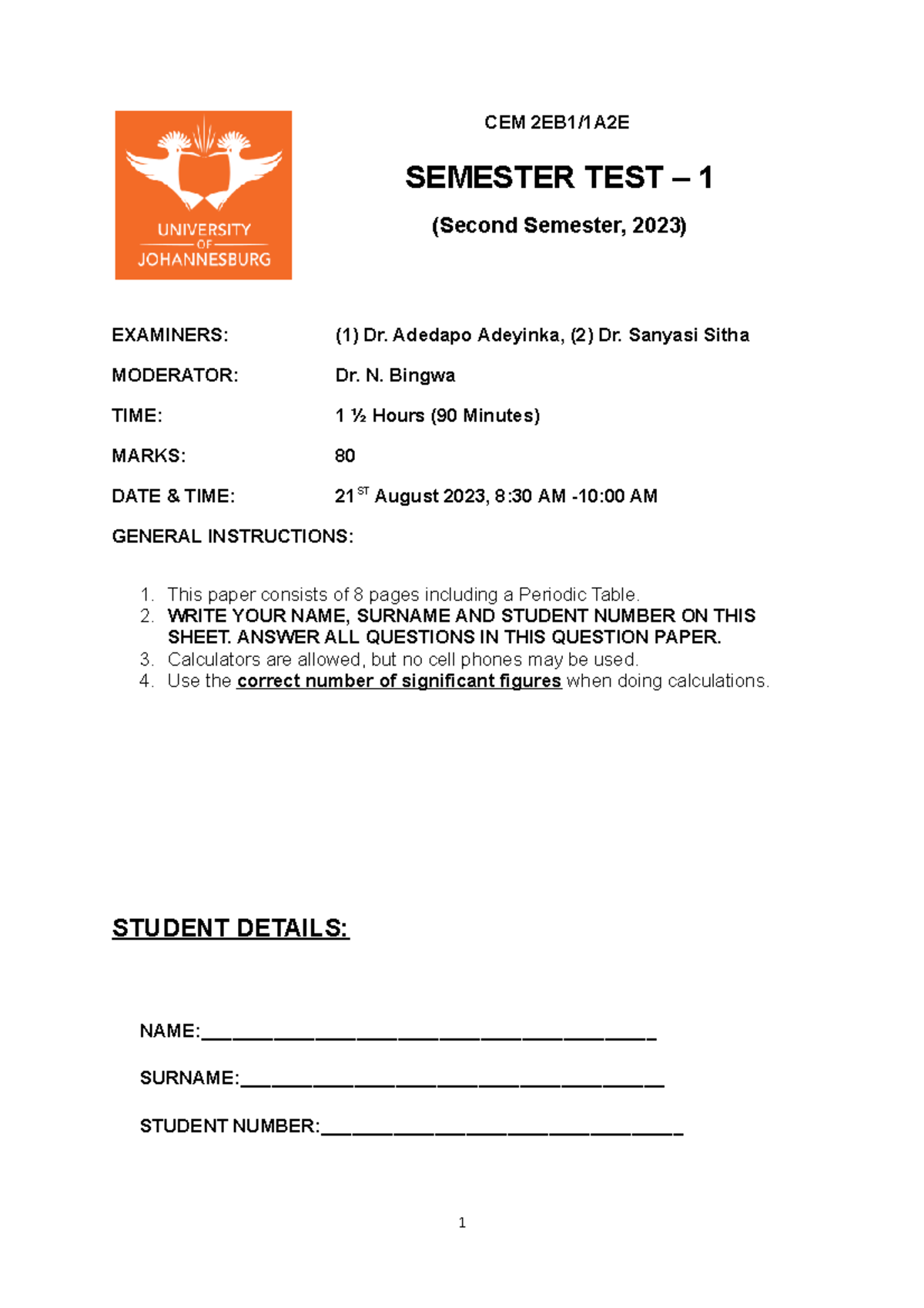 MEMO-CEM 1A2E - Semester Test - 1 -21 August 2023 - CEM 2EB1/1A2E ...