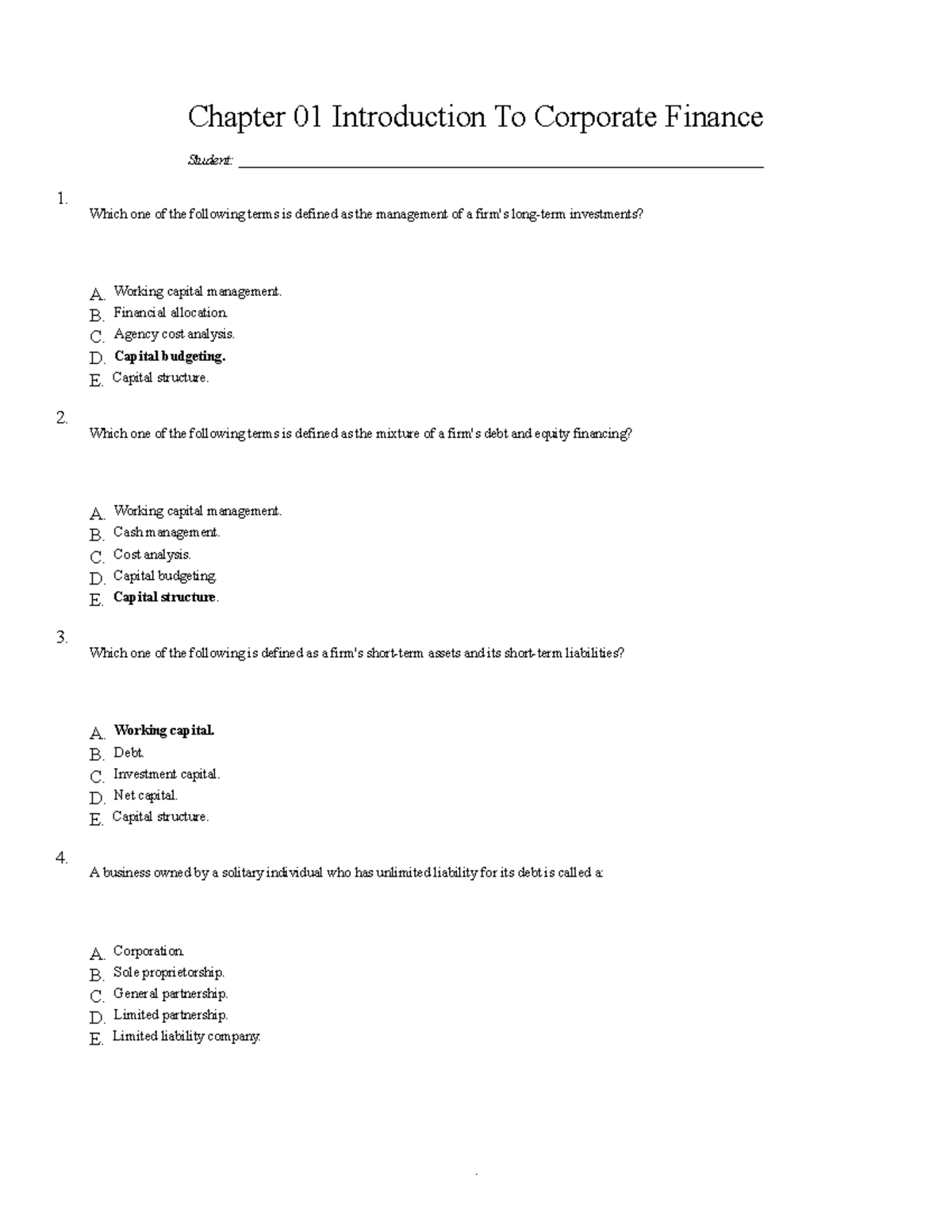 Chapter 01 Introduction - Chapter 01 Introduction To Corporate Finance ...