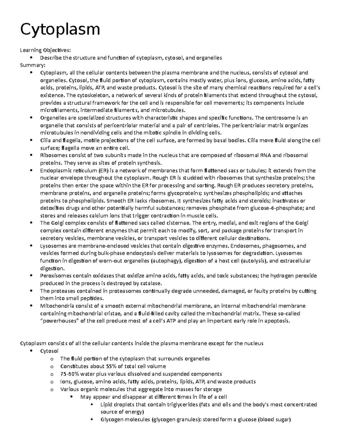 Cytoplasm - Lecture notes 1 - Cytoplasm Learning Objectives: Describe ...