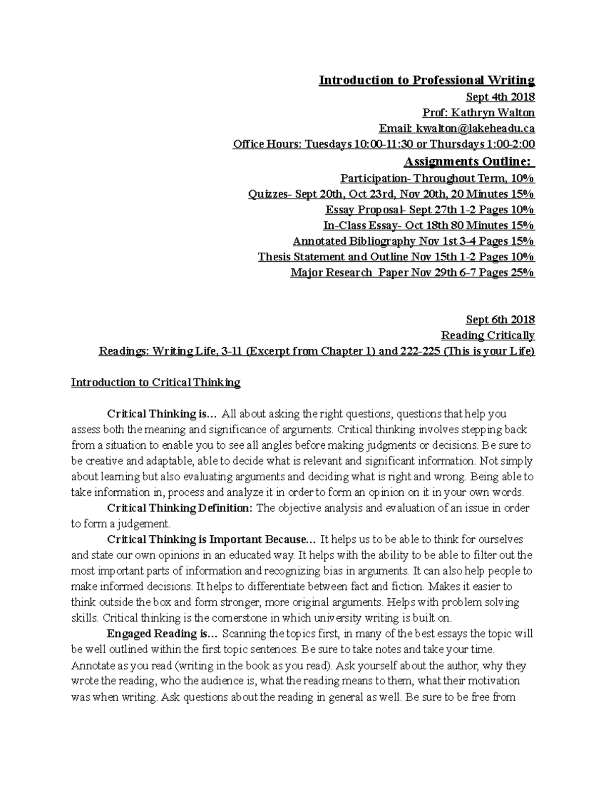 Intro To Academic Writing - Introduction to Professional Writing Sept ...