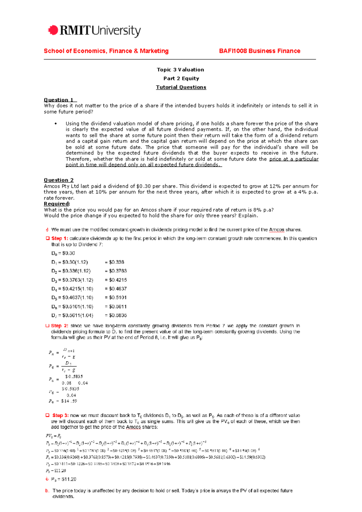 BF Tutorial Topic 3 Part 2 Questions - School of Economics, Finance & Marketing BAFI1008 - Studocu