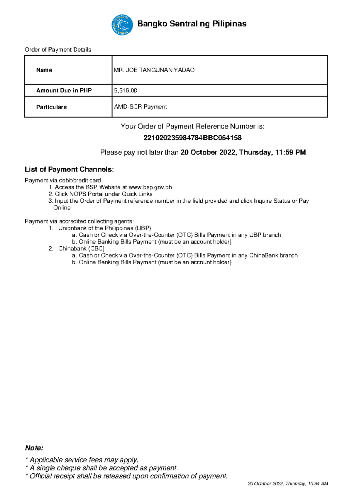 221020235984784 BBC064158 - Bangko Sentral ng Pilipinas Your Order of ...