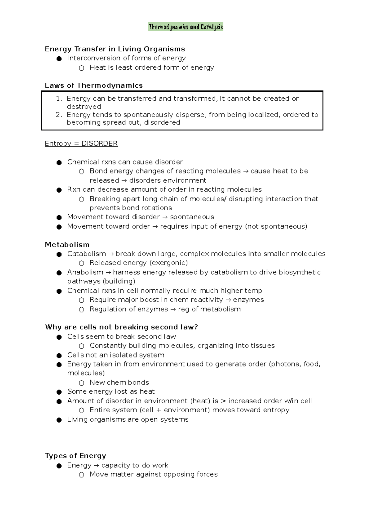 BIOL 130 - Unit 2 Notes - Thermodynamics and Catalysis Energy Transfer ...