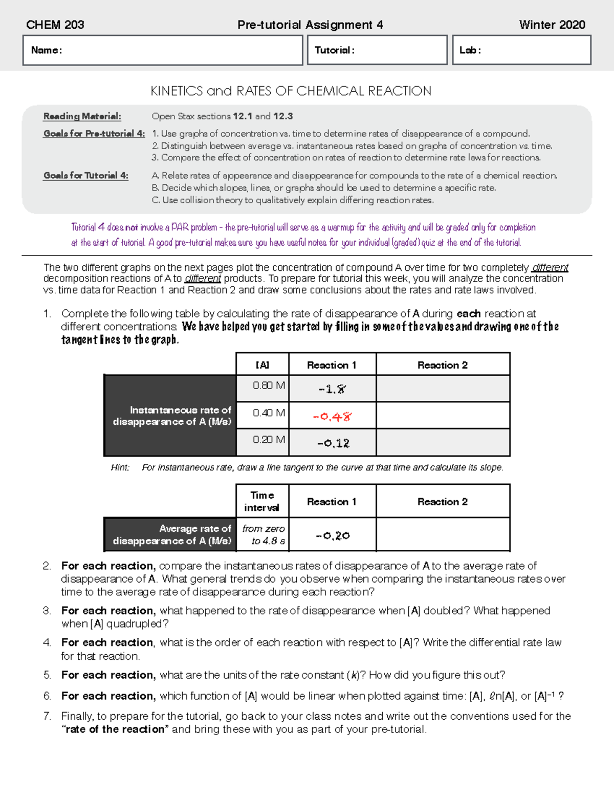W20 Pre-Tutorial 4 - Kinetics - CHEM 203 Data Sheet for Tutorial ...