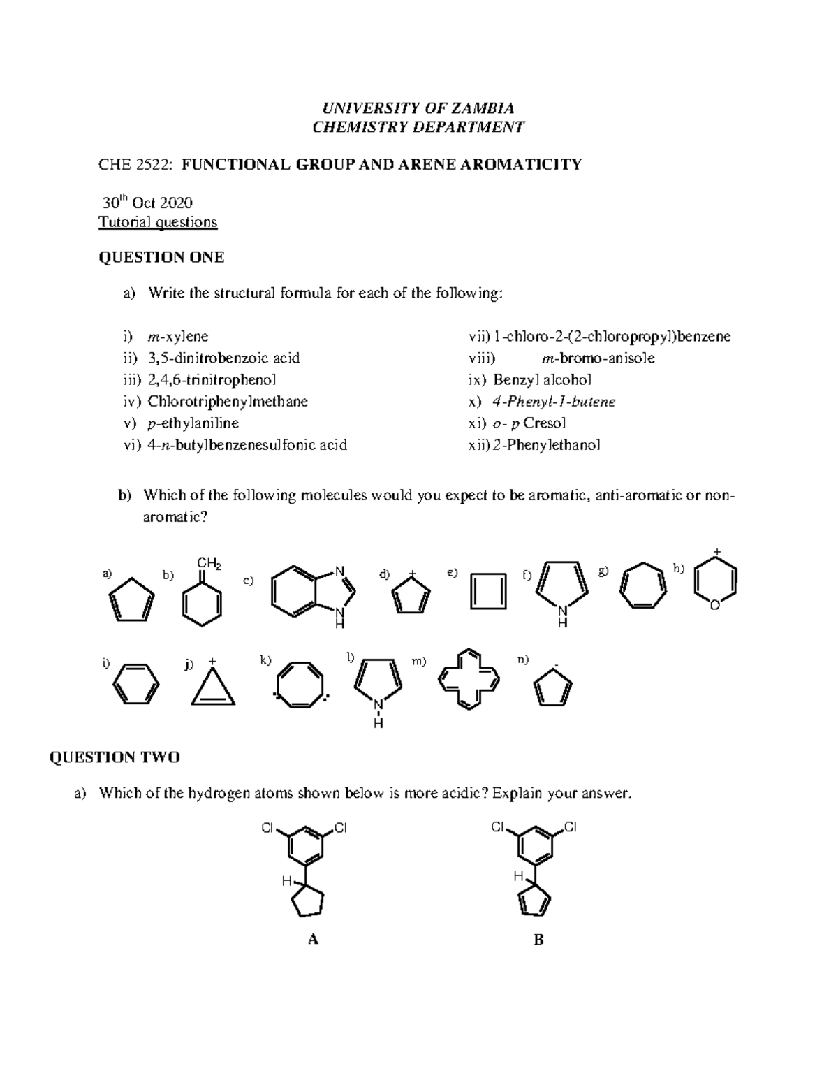 Aromatic Chemistry Practice and Tutorial Questions - UNIVERSITY OF ...
