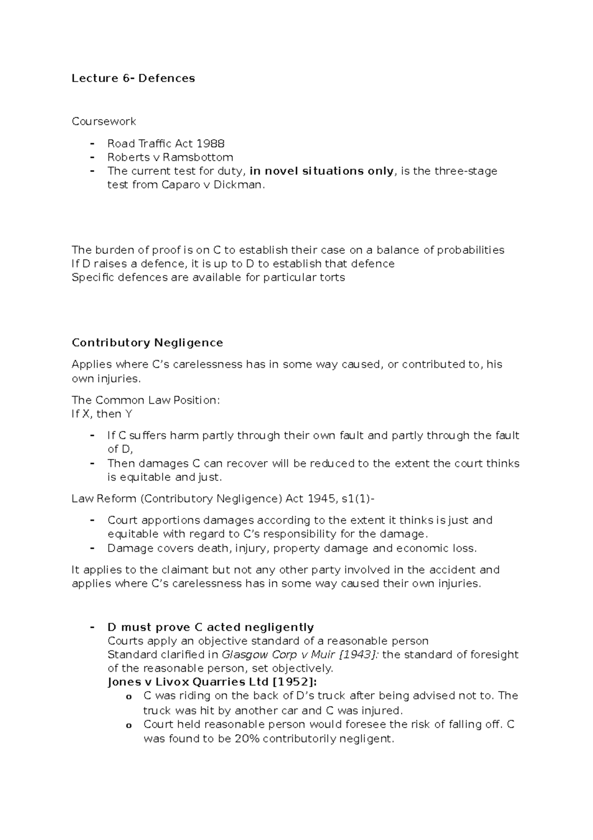 Lecture 6- Defences - Lecture 6- Defences Coursework Road Traffic Act ...