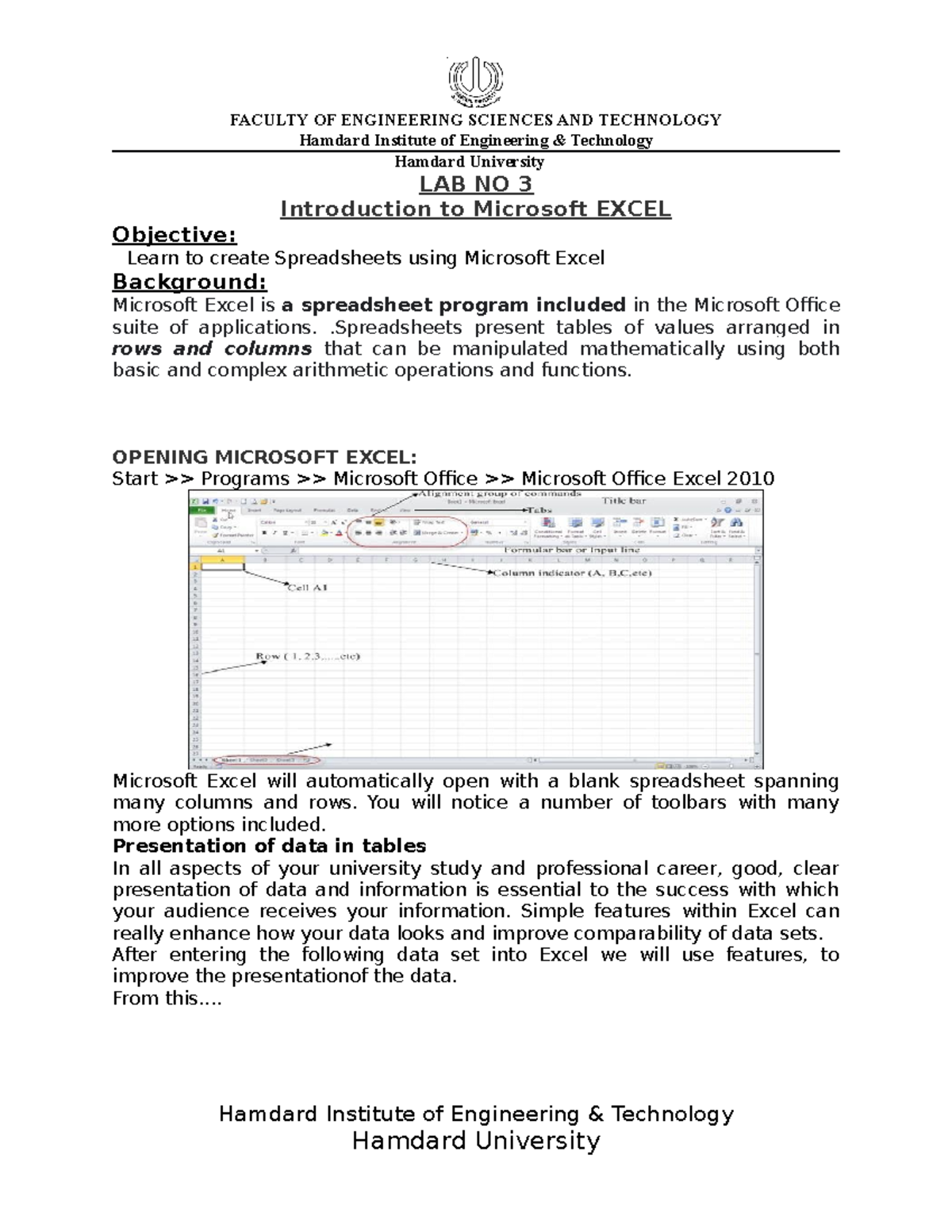 Laboratory Manuals of Programming Fundamental assesment - Hamdard ...
