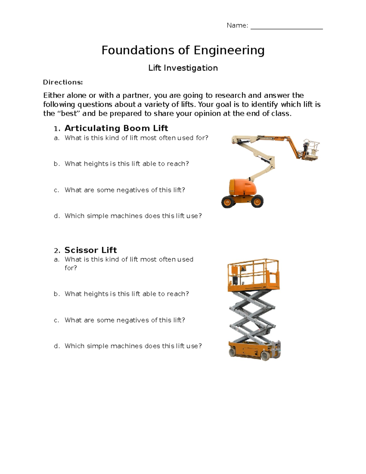 Lift Investigation - Name: ______________________ Foundations of ...